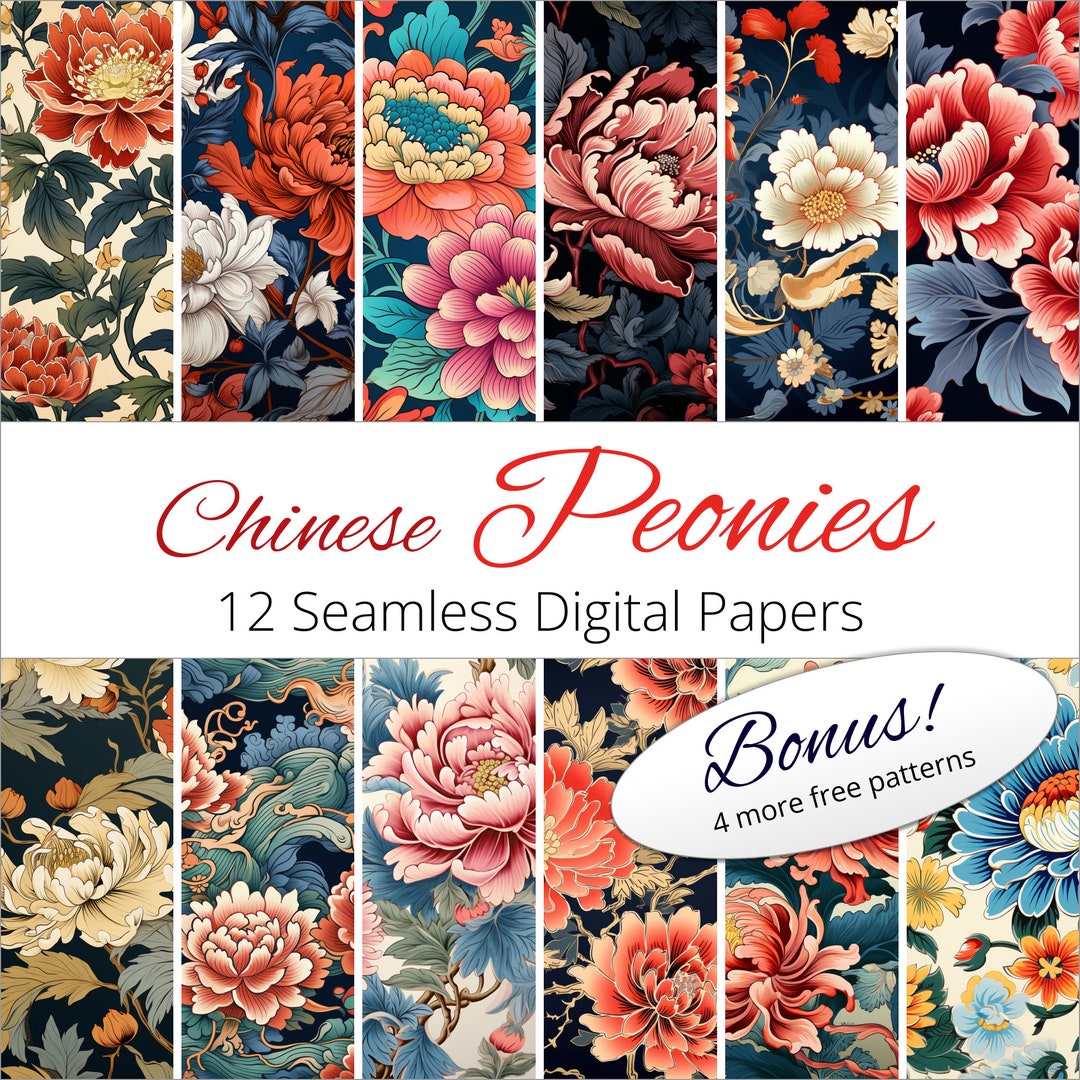 12 Seamless Chinese Peonies Digital Paper Patterns for Scrapbooking ...