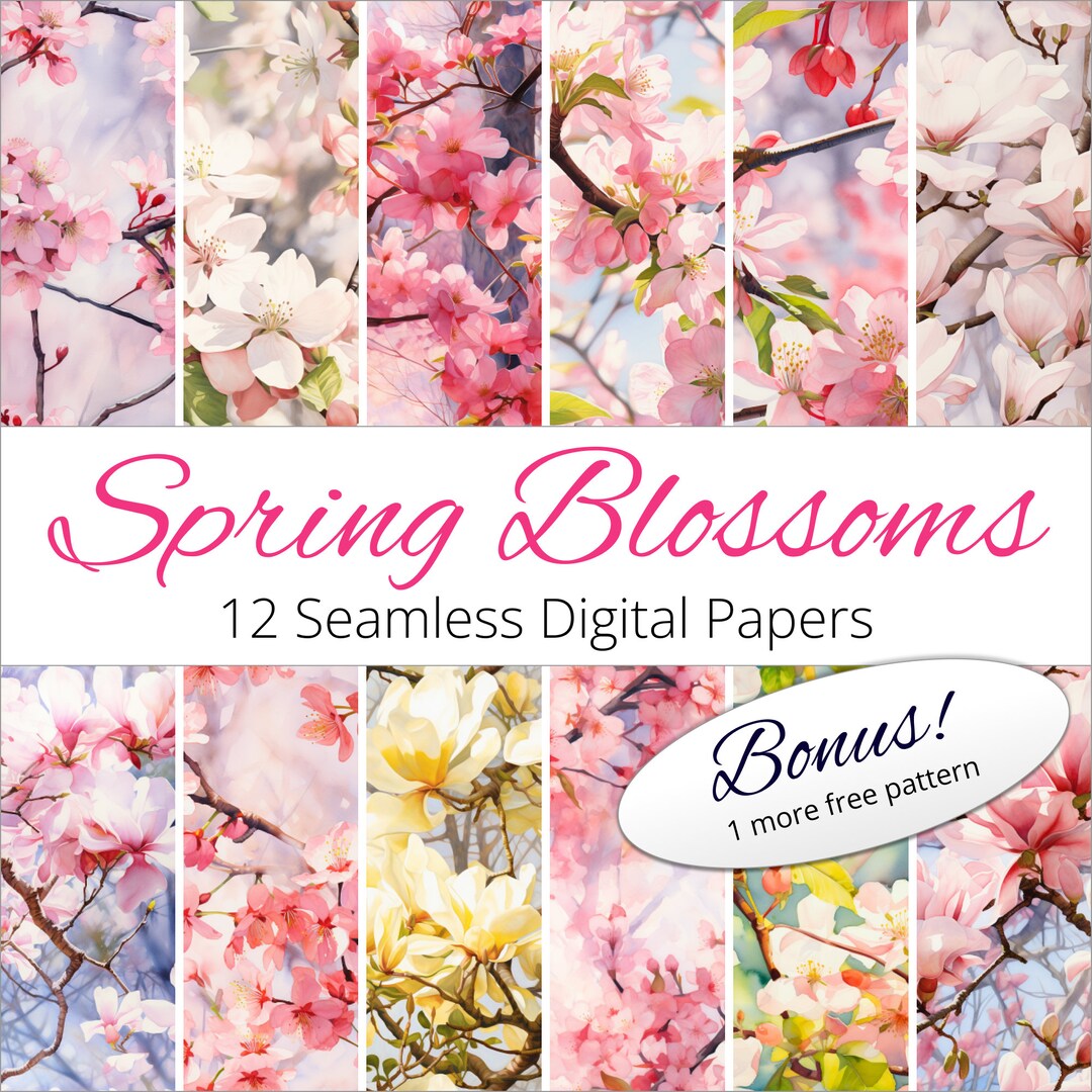 Pink Spring Blossoms Watercolor Digital Paper Pack - Set of 12 Seamless ...