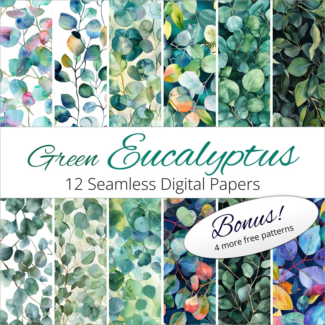 12 Seamless Green Eucalyptus Leaves Backgrounds Digital Paper Patterns ...