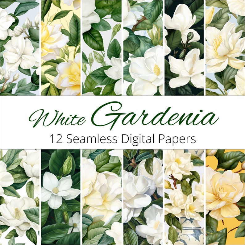 12 Seamless White Gardenia Digital Paper Patterns for Weddings ...