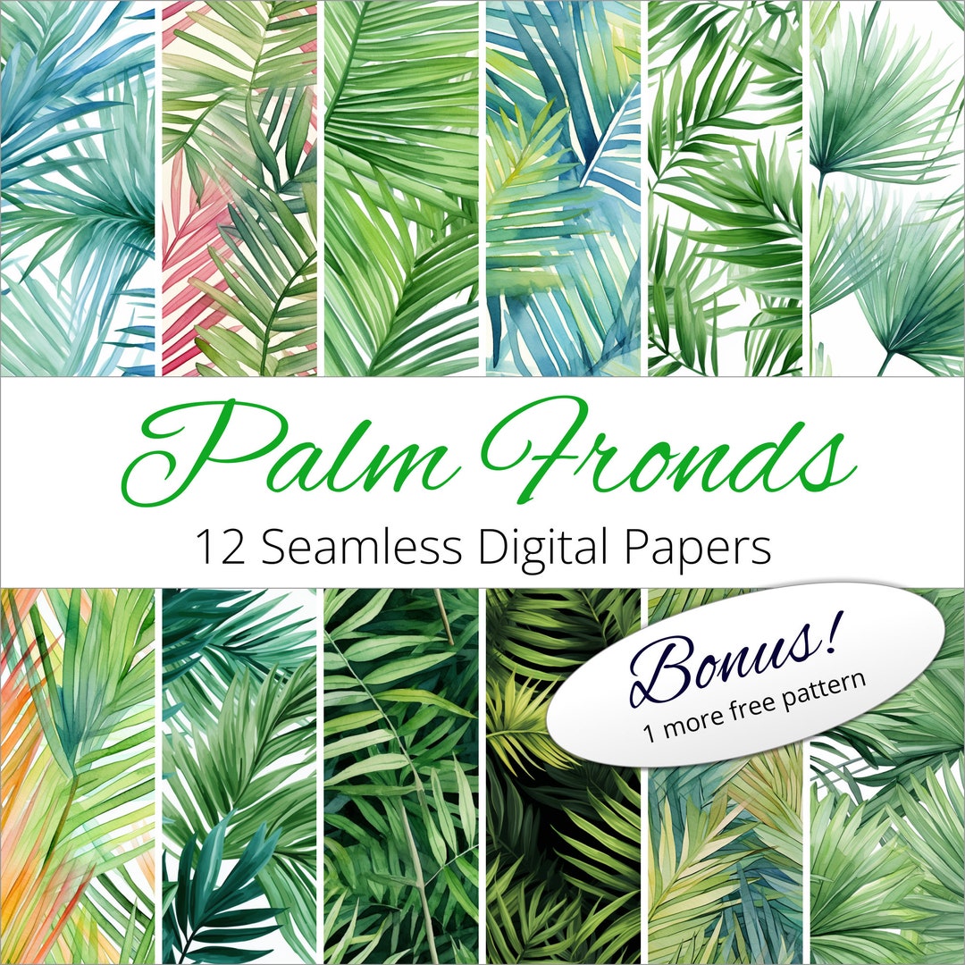 Palm Frond Digital Paper – 12 Seamless Watercolor Tropical Patterns ...