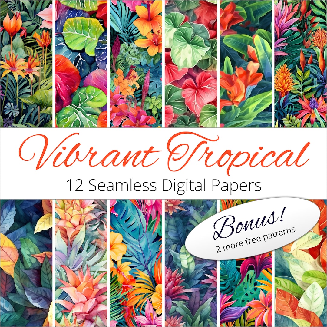 Tropical Digital Paper Set – 12 Vibrant Watercolor Seamless Patterns ...