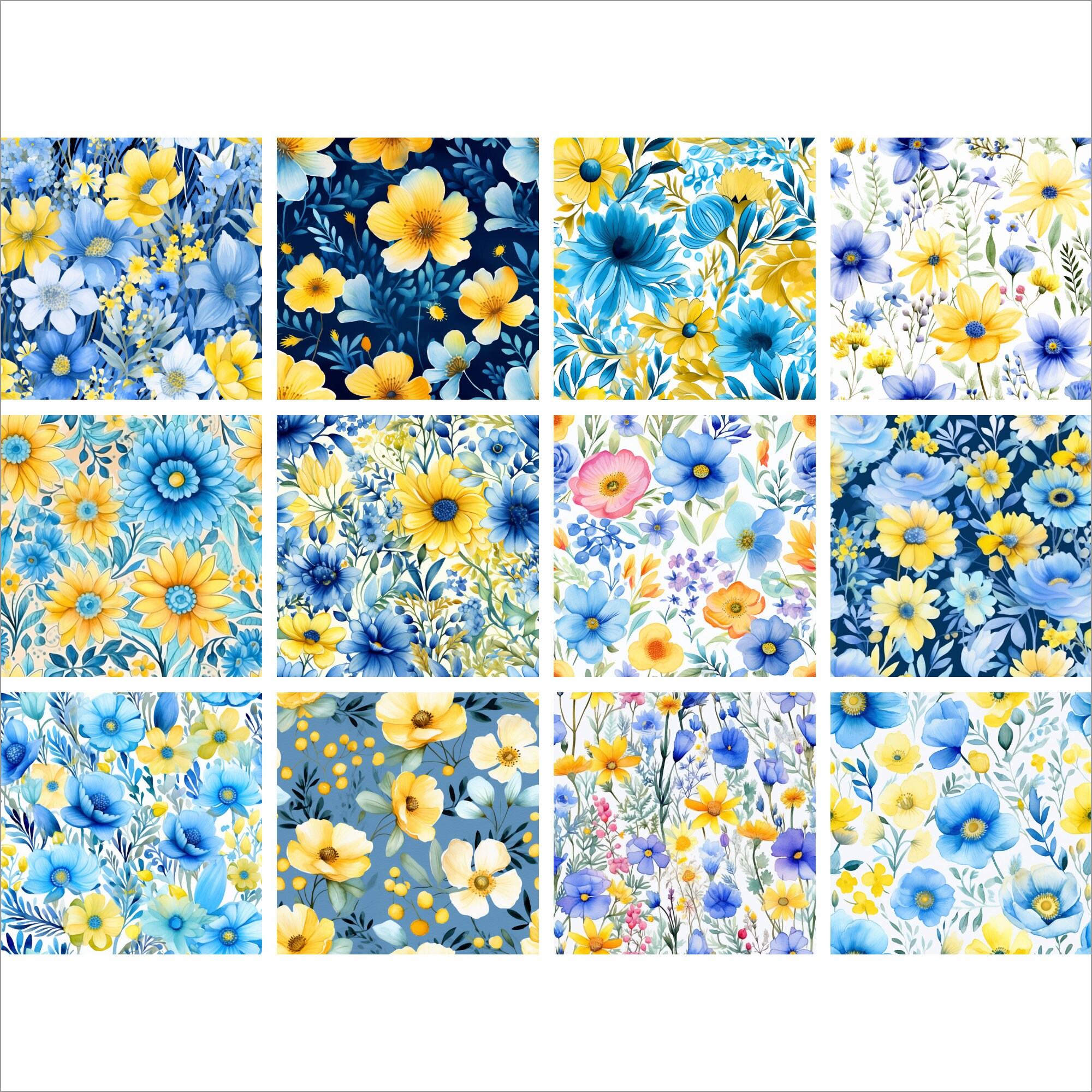 12 Seamless Blue and Gold Floral Digital Paper Patterns for Weddings ...