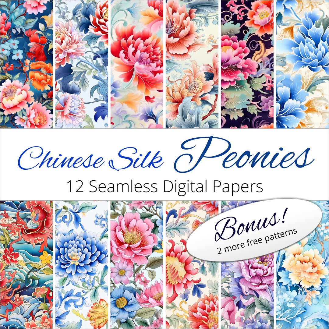 12 Seamless Chinese Silk Peonies Digital Paper Patterns for ...