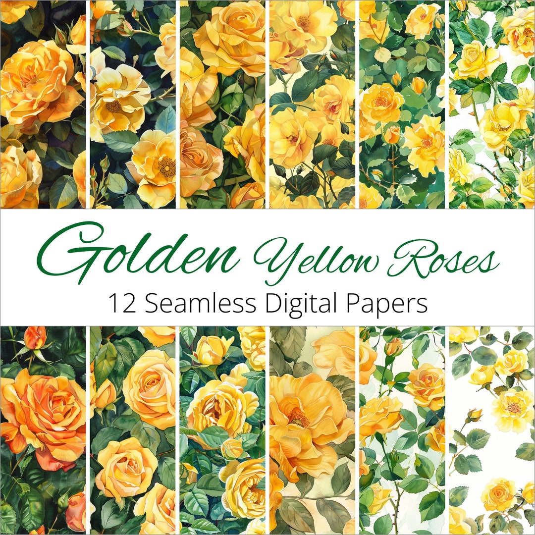 12 Seamless Golden Yellow Roses Digital Paper Patterns for Weddings ...