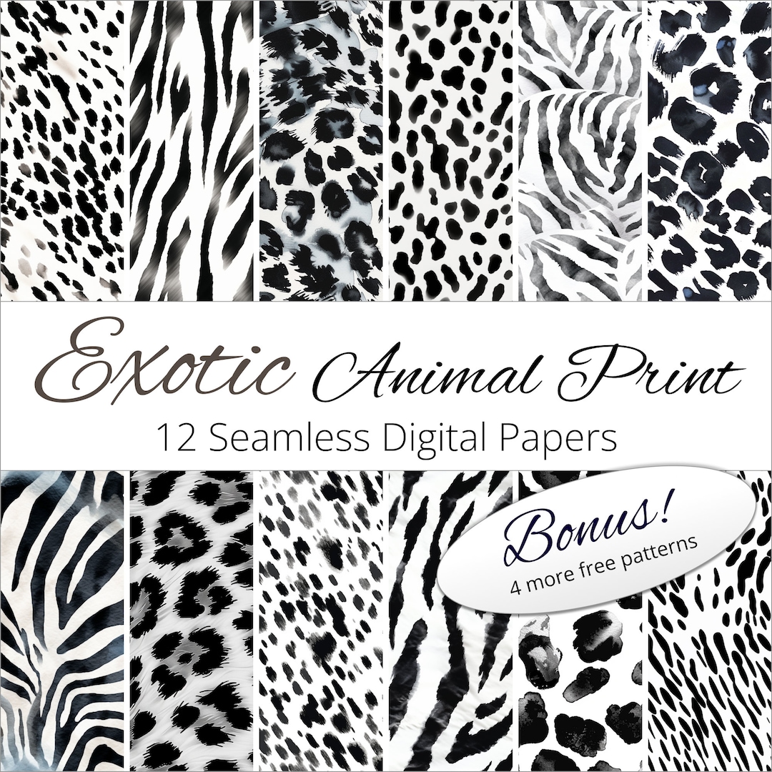 12 Seamless Black and White Exotic Animal Print Backgrounds Digital ...