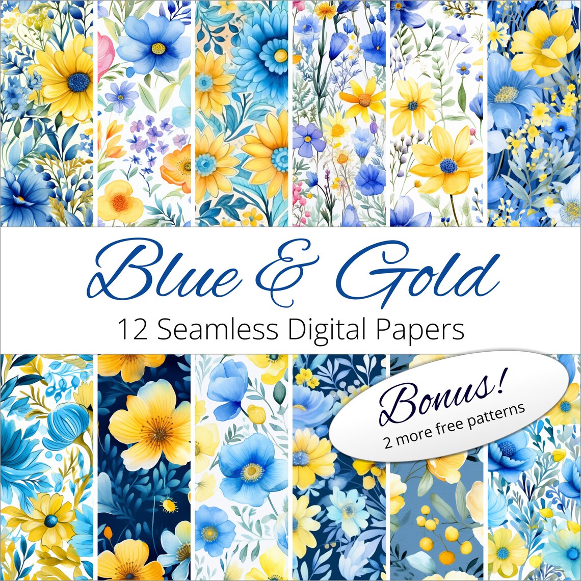 12 Seamless Blue and Gold Floral Digital Paper Patterns for Weddings ...