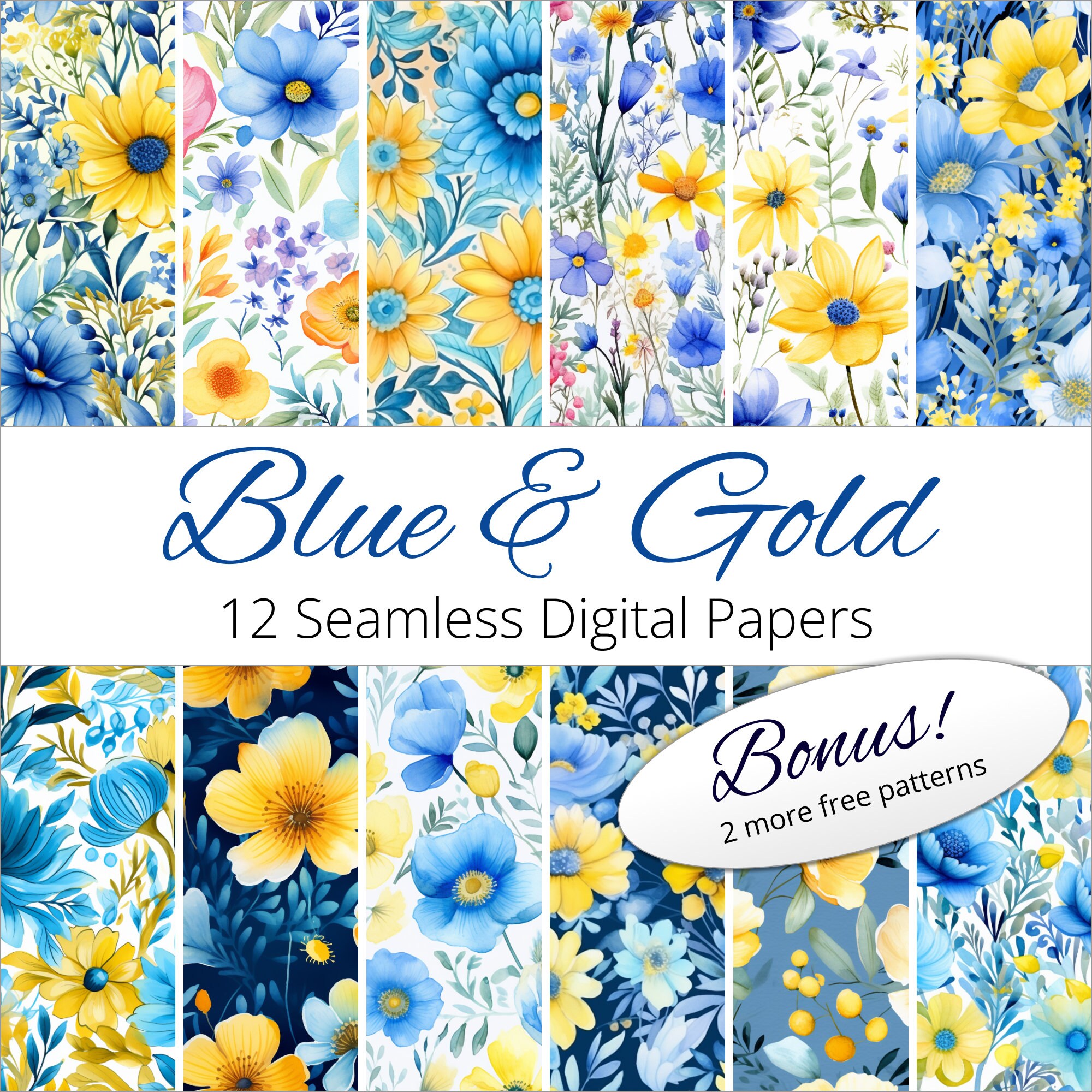 12 Seamless Blue and Gold Floral Digital Paper Patterns for Weddings ...