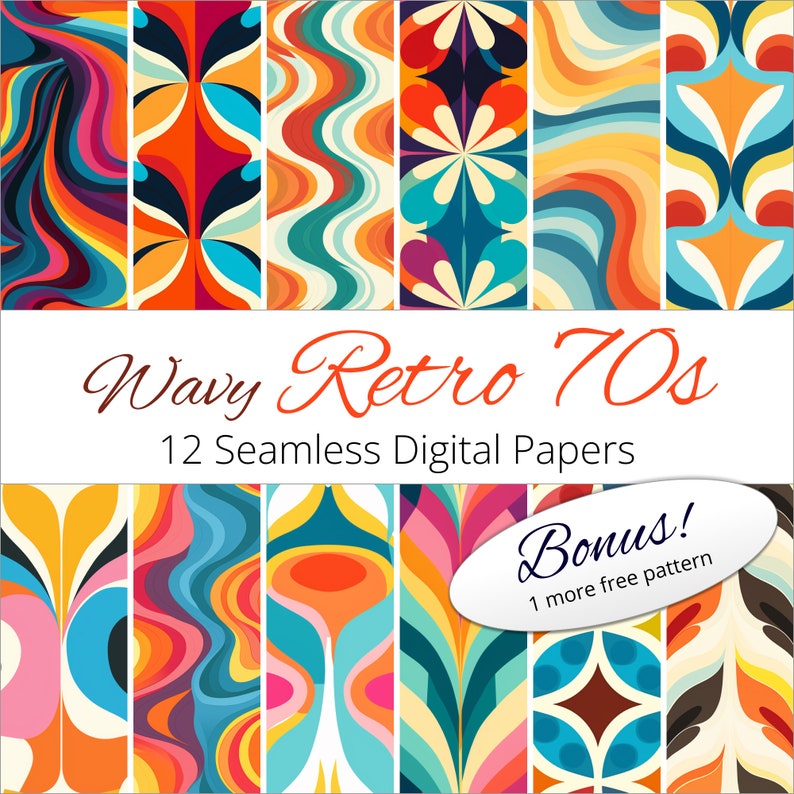 70s Retro Wavy Digital Paper Pack - Set of 12 Seamless Patterns for ...