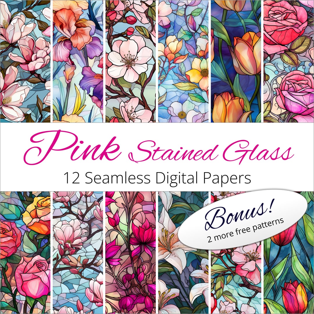 Pink Floral Stained Glass Digital Paper – Seamless Watercolor Patterns ...