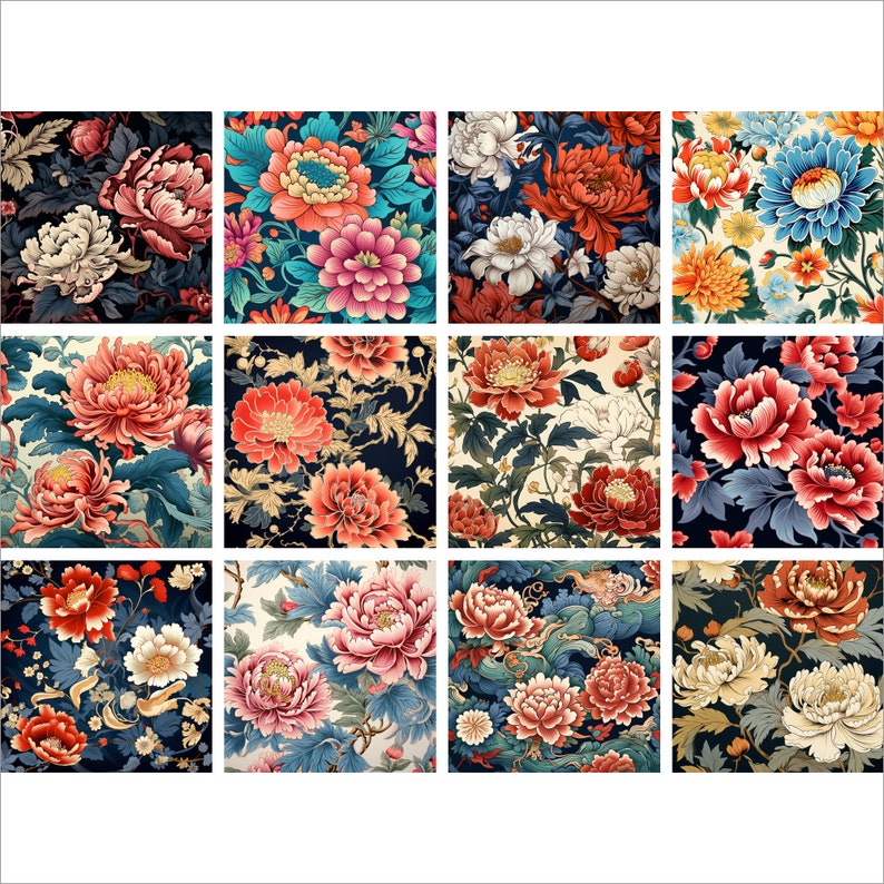 12 Seamless Chinese Peonies Digital Paper Patterns for Scrapbooking ...