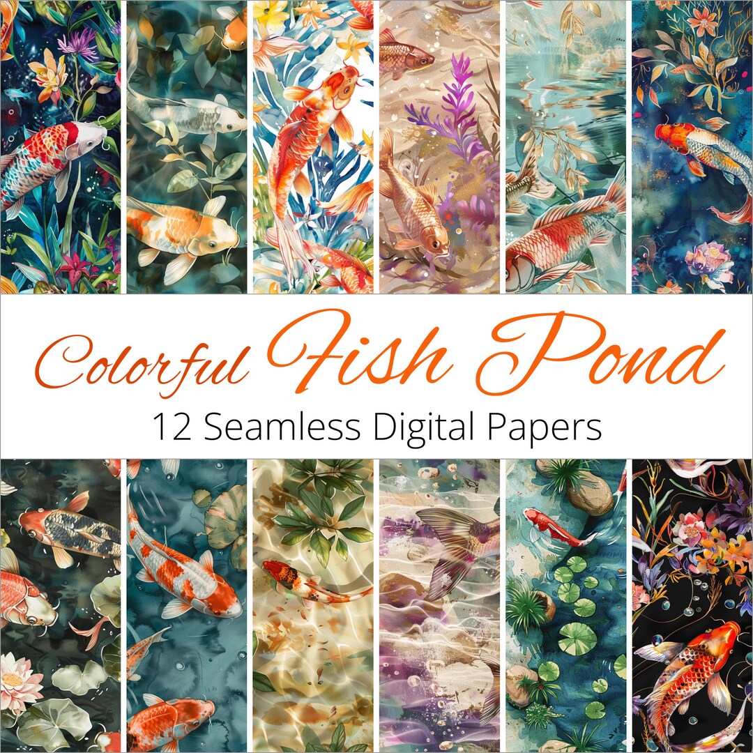 Koi Fish Digital Papers, Colorful Pond Watercolor Patterns (12 Seamless ...