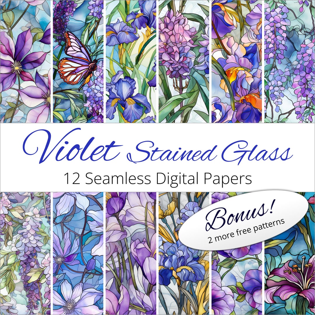 Violet Floral Stained Glass Digital Papers: Purple Flowers (12 Seamless ...