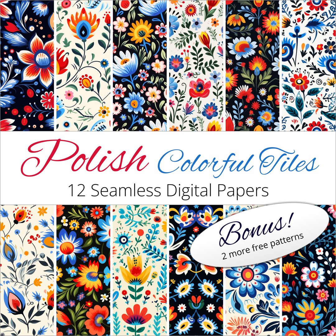 Polish Folk Art Tile Patterns – Colorful Digital Paper Set (JPG) - Etsy