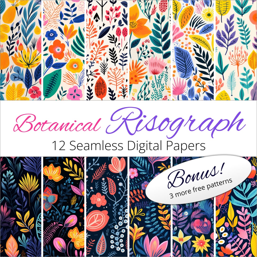 12 Seamless Botanical Risograph Backgrounds Digital Paper Patterns for Scrapbooking, Decor ...