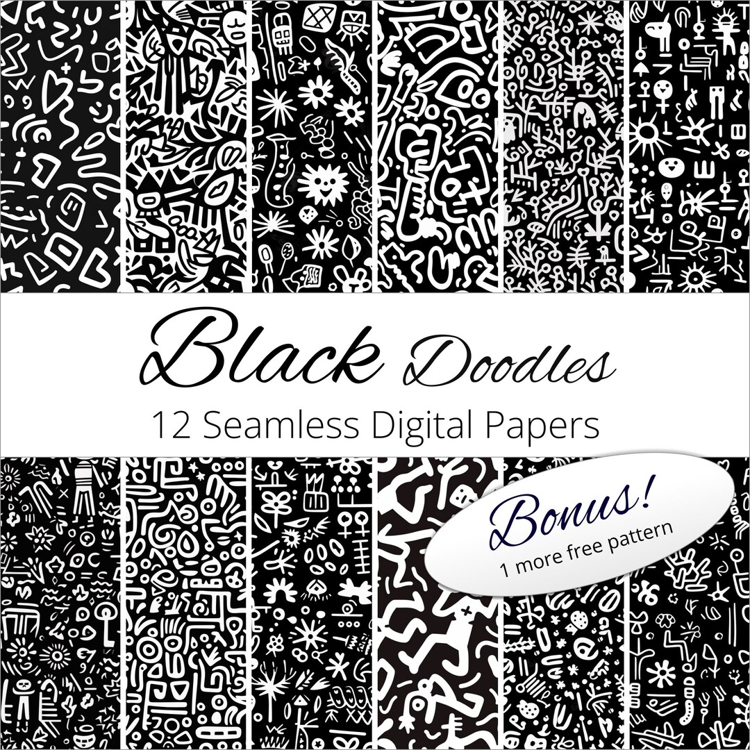 12 Seamless Black Doodle Backgrounds Digital Paper Patterns for ...