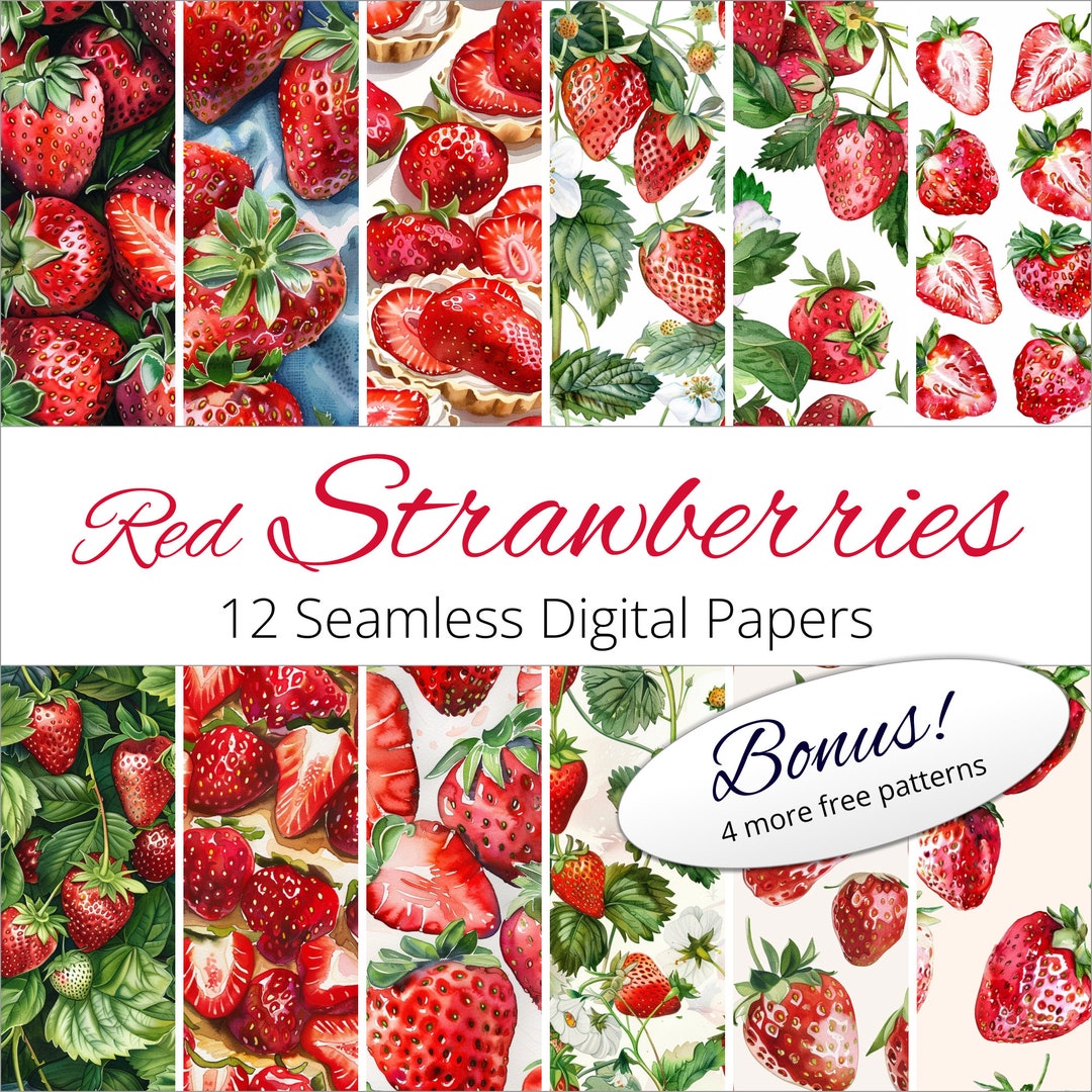 Exquisite Watercolor Strawberries Digital Paper Pack - 12 Seamless ...