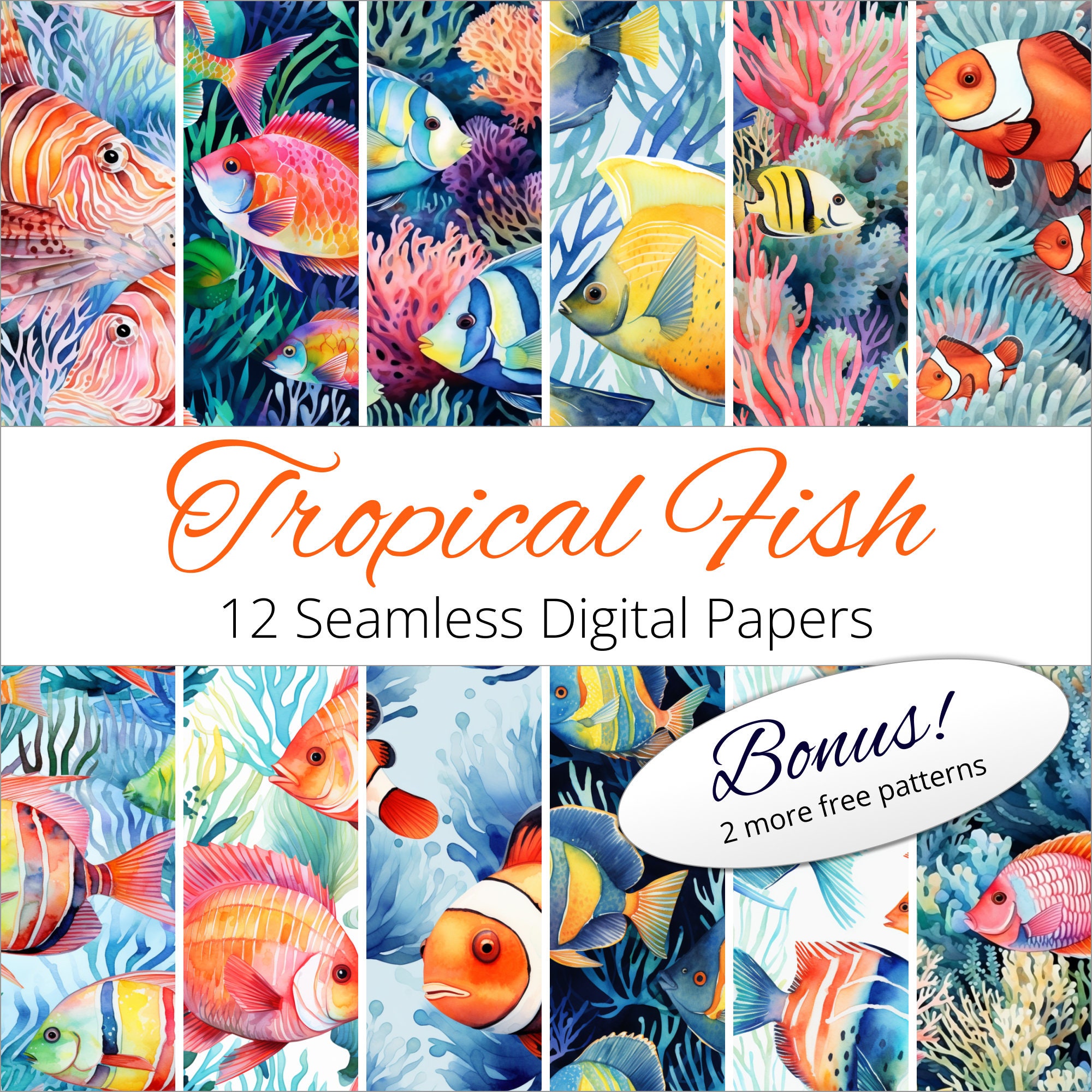 12 Seamless Tropical Fish Backgrounds Digital Paper Patterns for ...