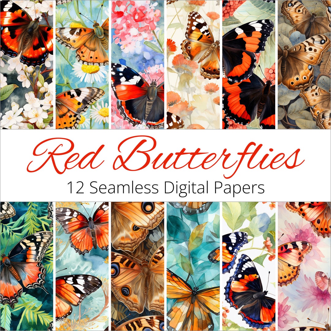 12 Seamless Red Butterfly Backgrounds Digital Paper Patterns for ...