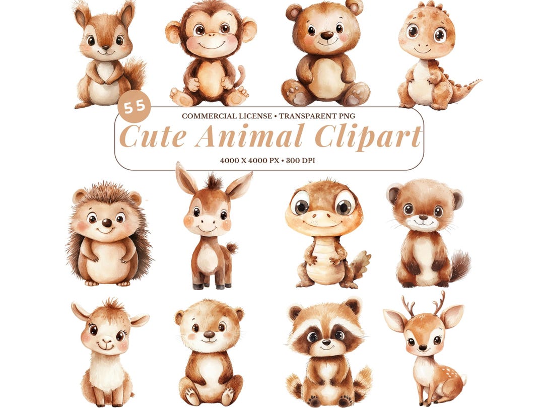 Cute Animal Watercolor Clip Art Bundle Baby Animals PNG Transparent ...