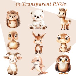 Cute Animal Watercolor Clip Art Bundle Baby Animals PNG Transparent ...