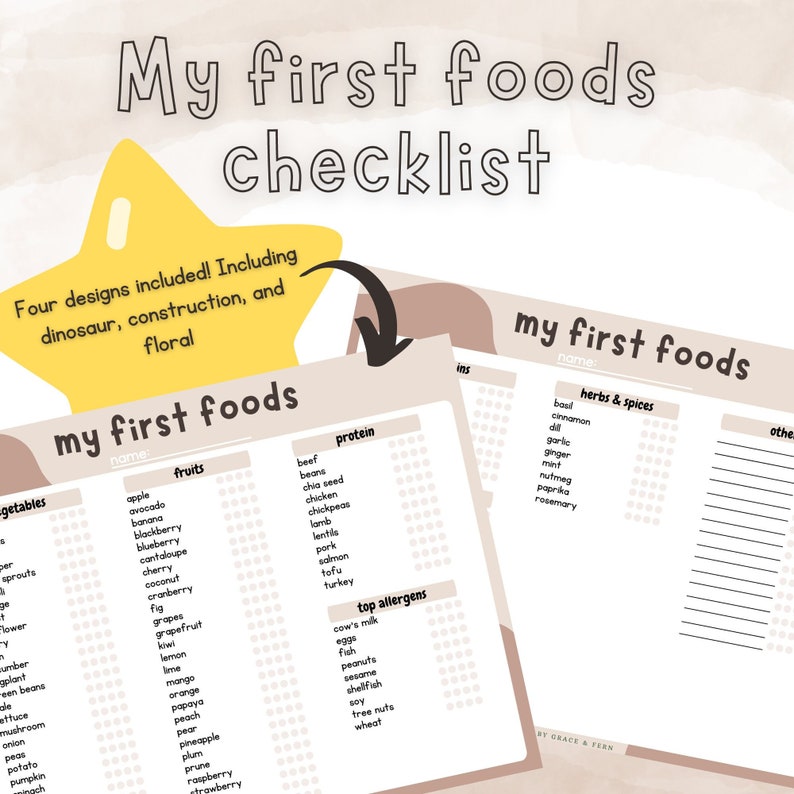100 First Food Checklist Dinosaur Checklist/boho Checklist/construction ...