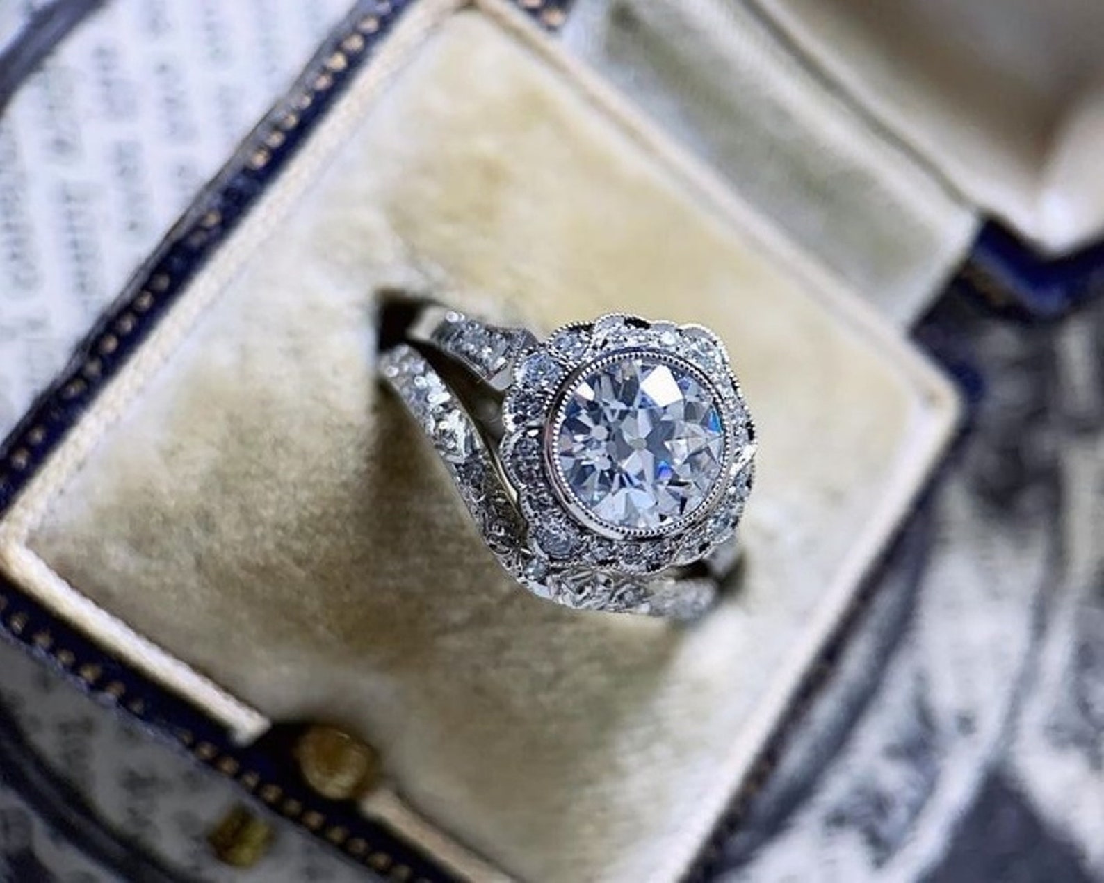 1880s Antique Edwardian 3 Ct Round Diamond Art Deco Bridal Set Vintage ...