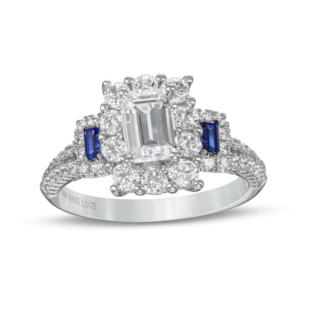 Vera Wang Love Collection Sapphire and 1 CT Emerald-cut Diamond Frame Engagement Ring in ...
