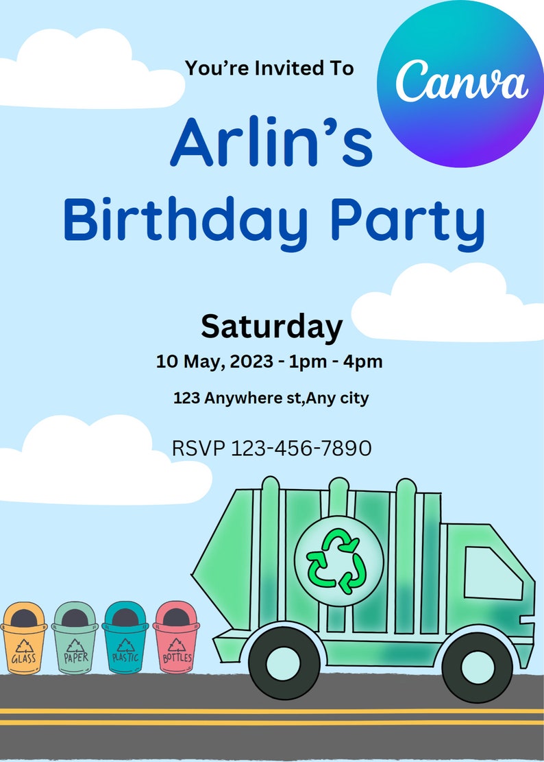 Trash Truck Invitation, Trash Truck Templates Canva, Canva Templates ...