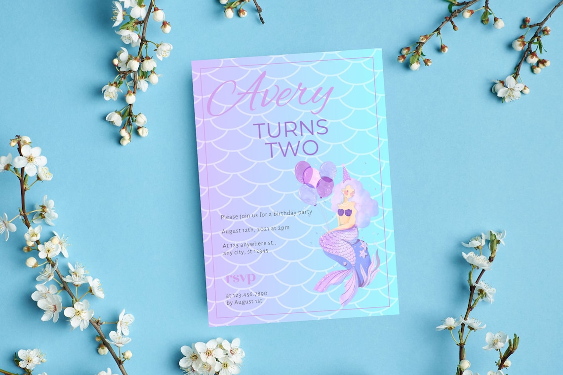 Mermaid Birthday Invitation Canva Template, Kids Birthday Party ...