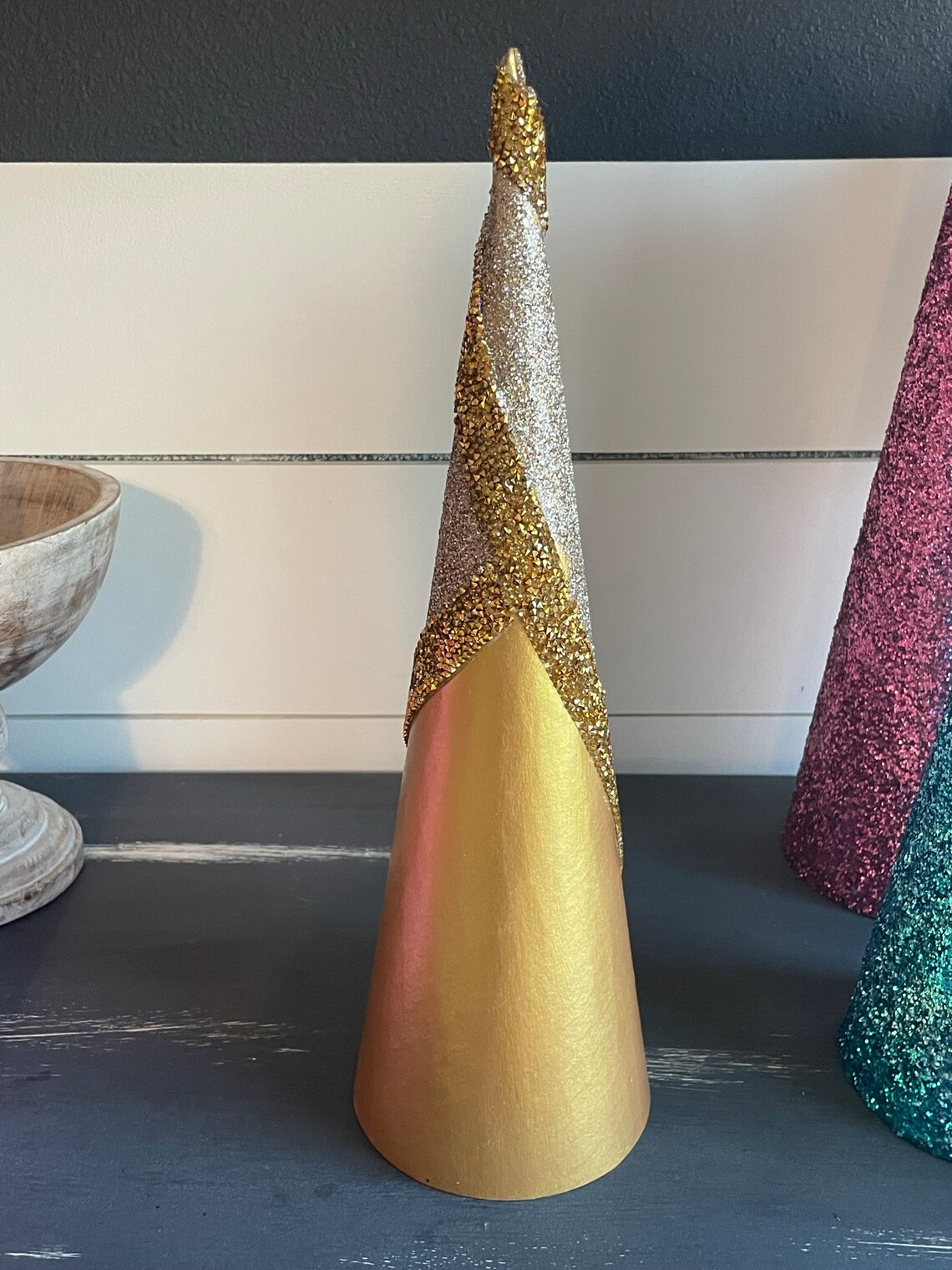 Gold Decorative Glitter Tree Cone. Holiday Decoration. Christmas Tree ...