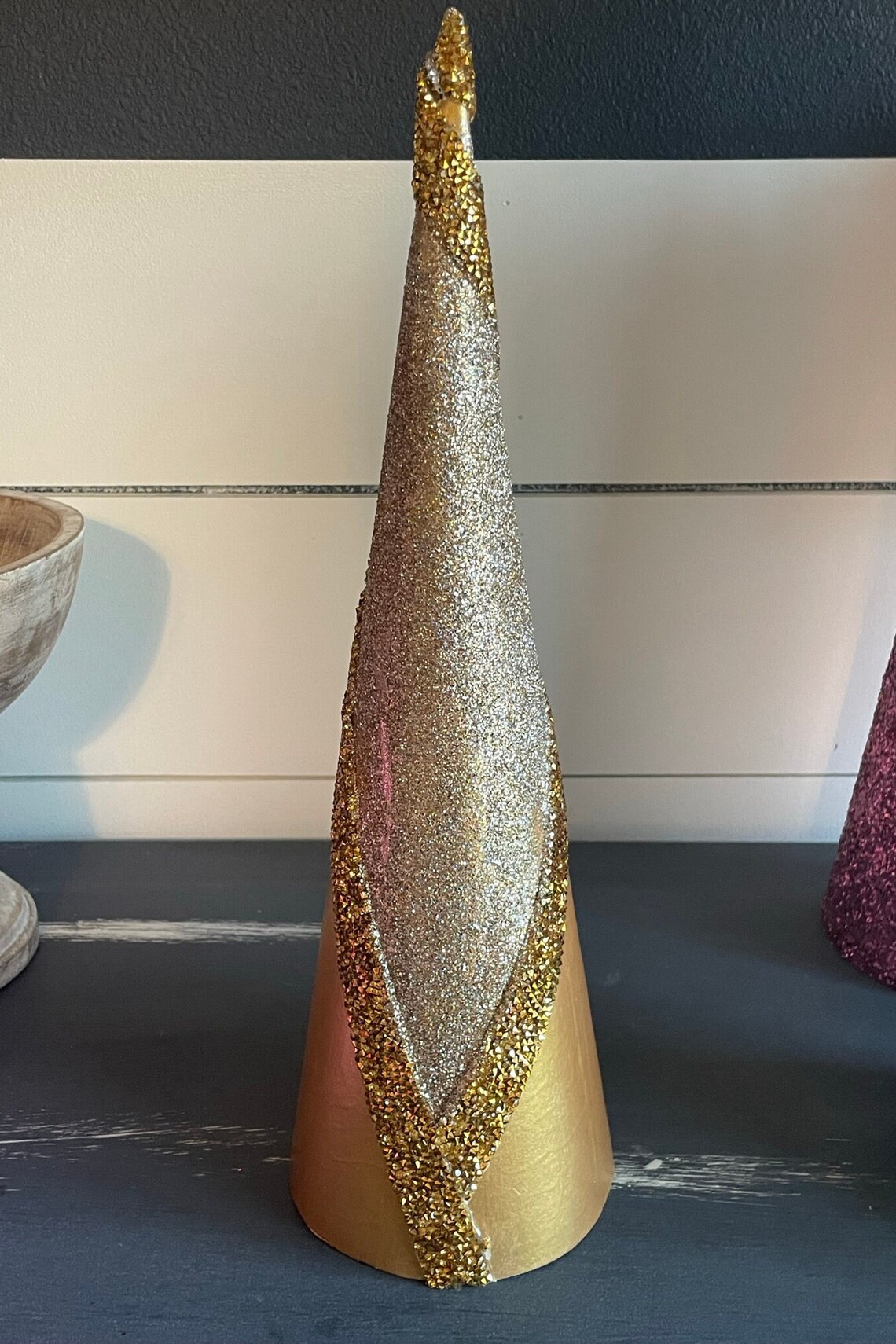 Gold Decorative Glitter Tree Cone. Holiday Decoration. Christmas Tree ...