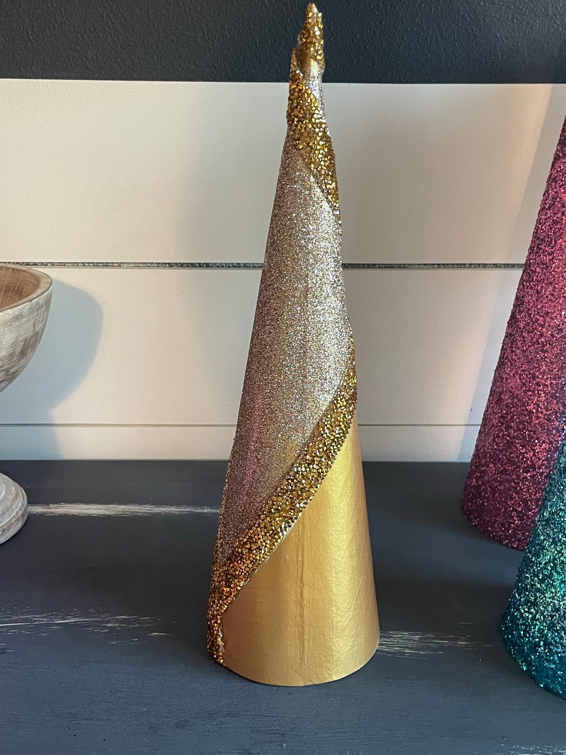 Gold Decorative Glitter Tree Cone. Holiday Decoration. Christmas Tree ...