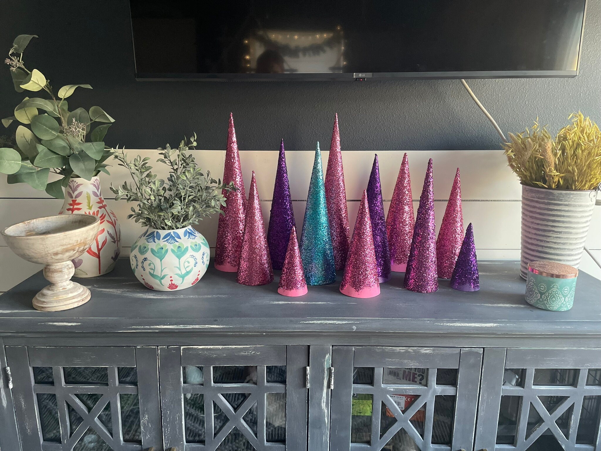 Pink Ombre Glitter Cone. Paper Mache Glitter Tree. Christmas Village ...