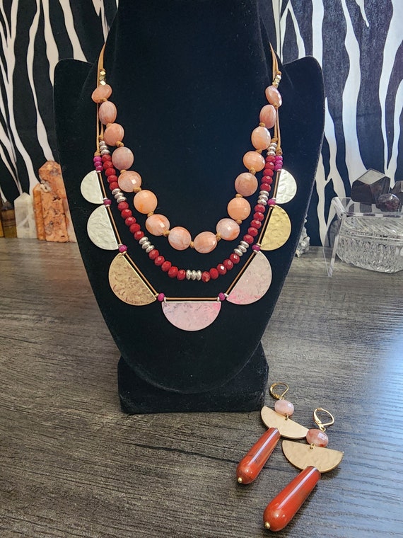 Graduated Red and Peach Multi-strand Necklace Set - Gem