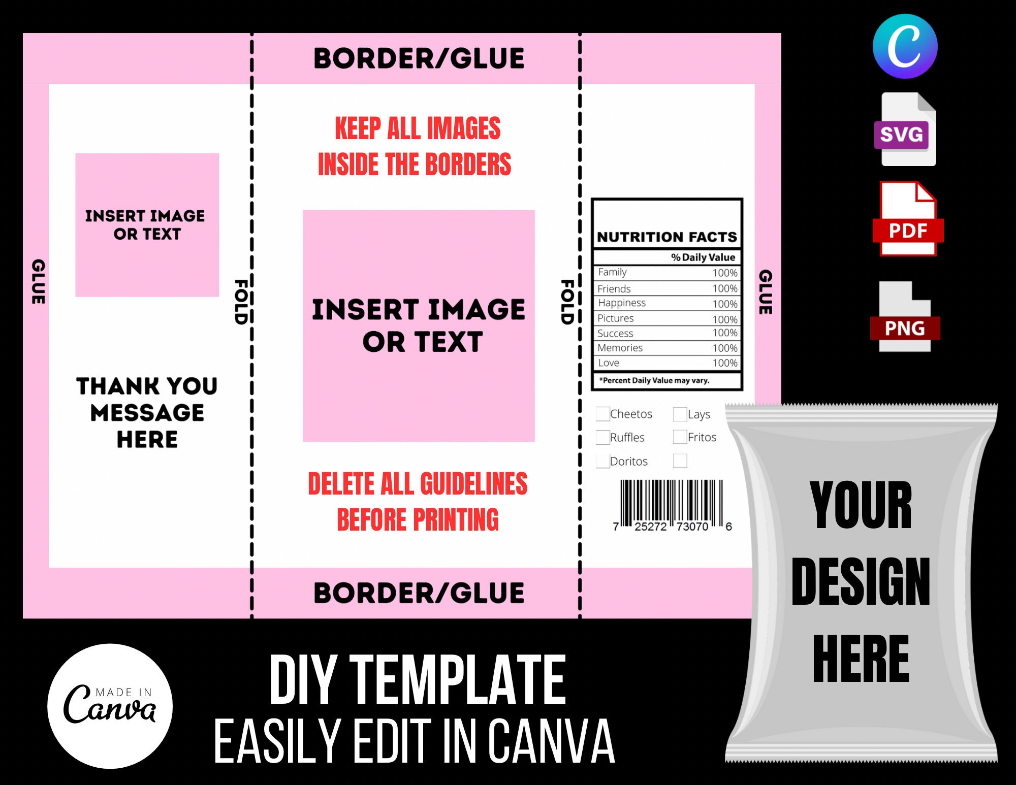 DIY Chip Bag Template for Party, Chip Bag Template Canva, Chip Bag ...