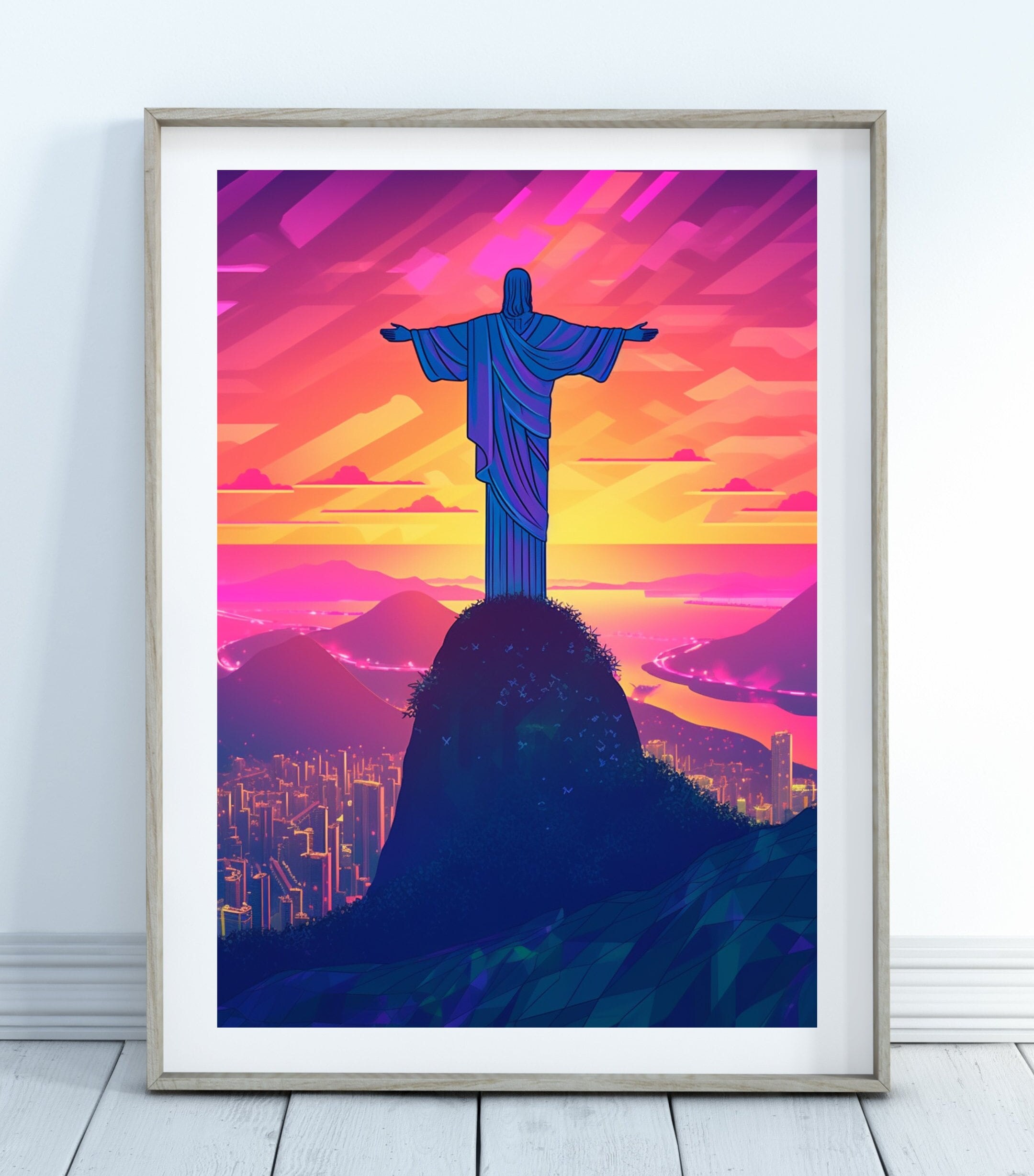 Retro Christ the Redeemer Rio Poster - '80s Synthwave Vintage City ...