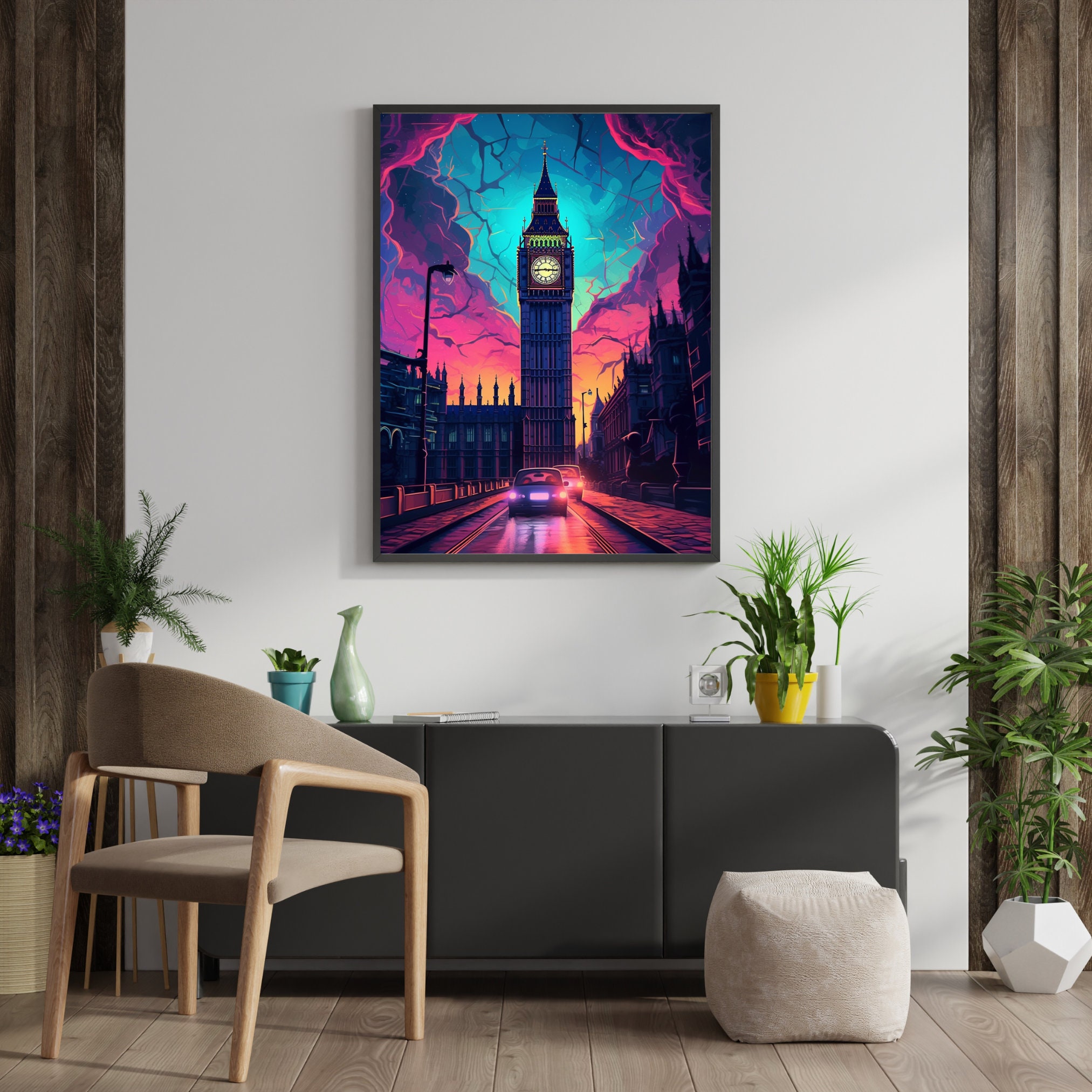 Retro London's Big Ben Sunset Poster - '80s Synthwave Vintage Car Decor ...