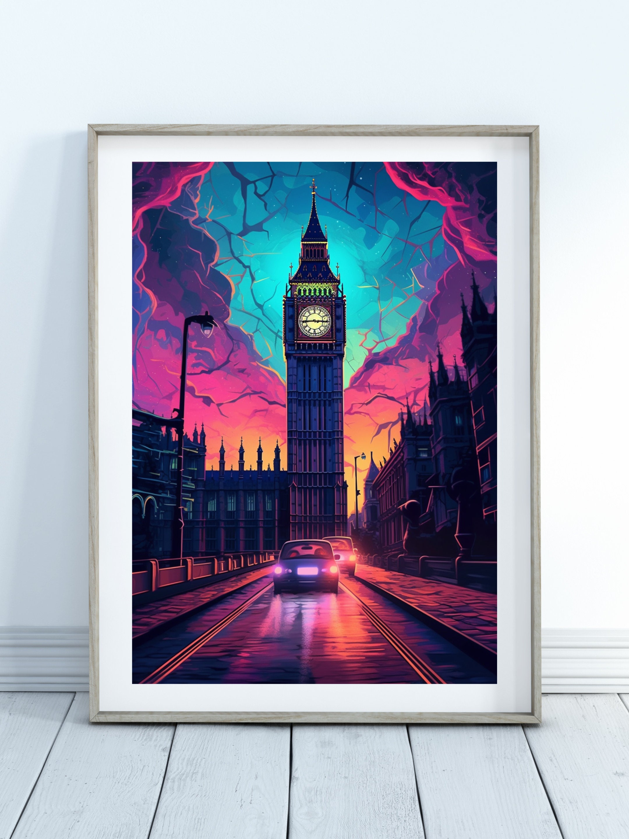 Retro London's Big Ben Sunset Poster - '80s Synthwave Vintage Car Decor ...