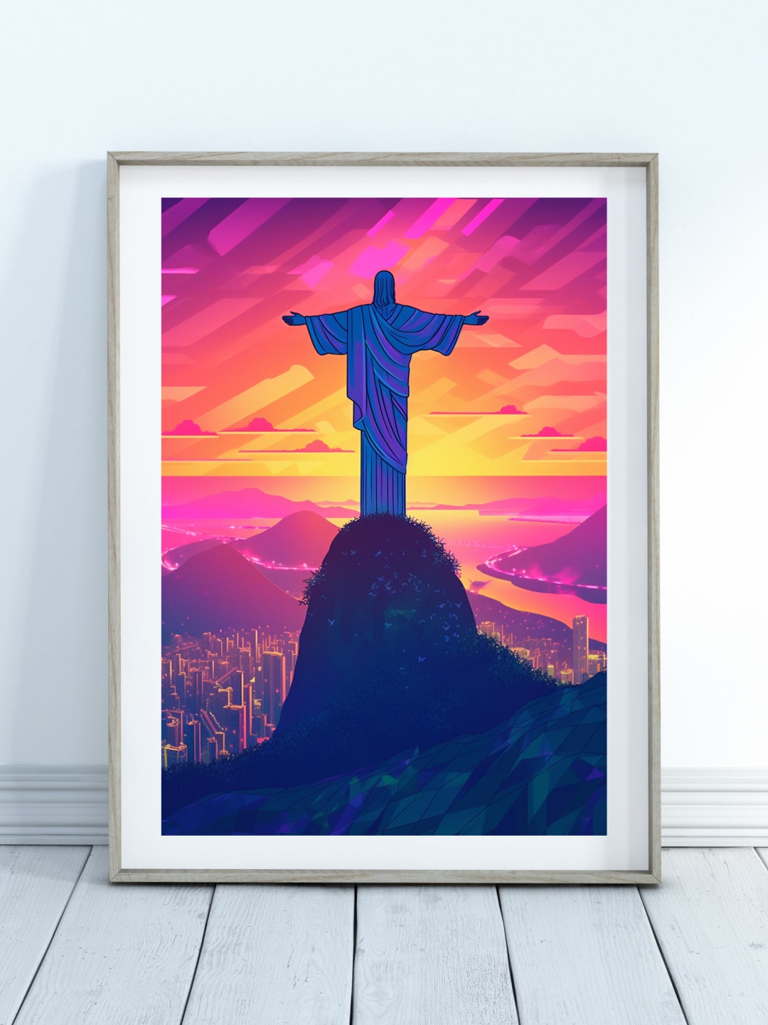 Retro Christ the Redeemer Rio Poster '80s Synthwave - Etsy