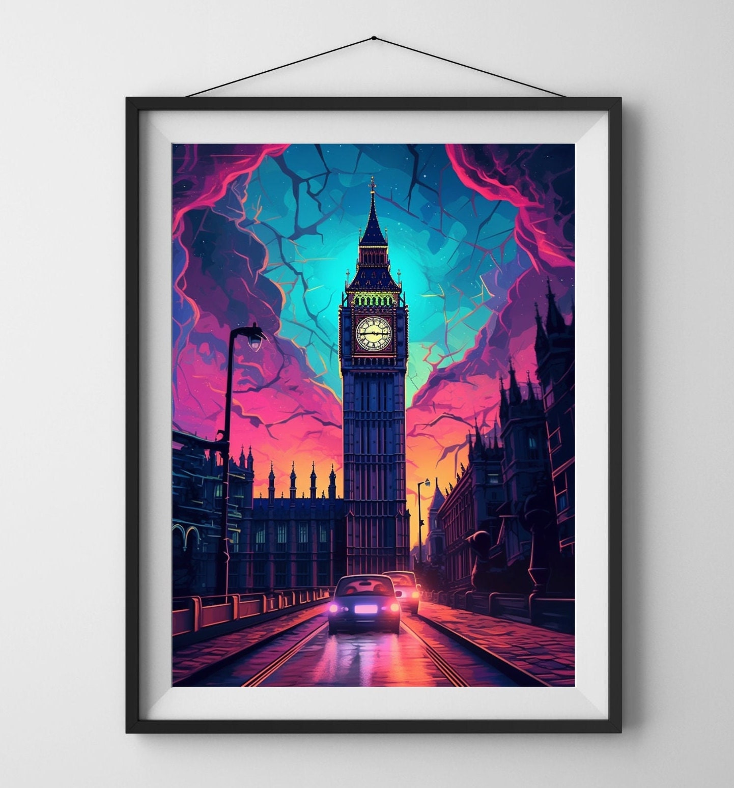 Retro London's Big Ben Sunset Poster - '80s Synthwave Vintage Car Decor ...