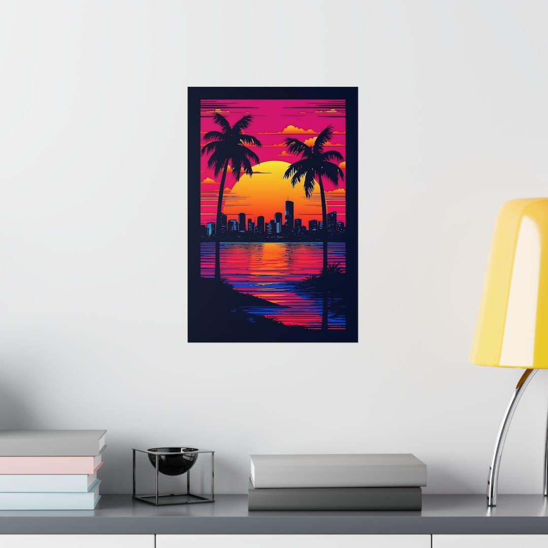 Retrowave Miami Poster Print: 80's Art With Brickell Skyline, Beach ...