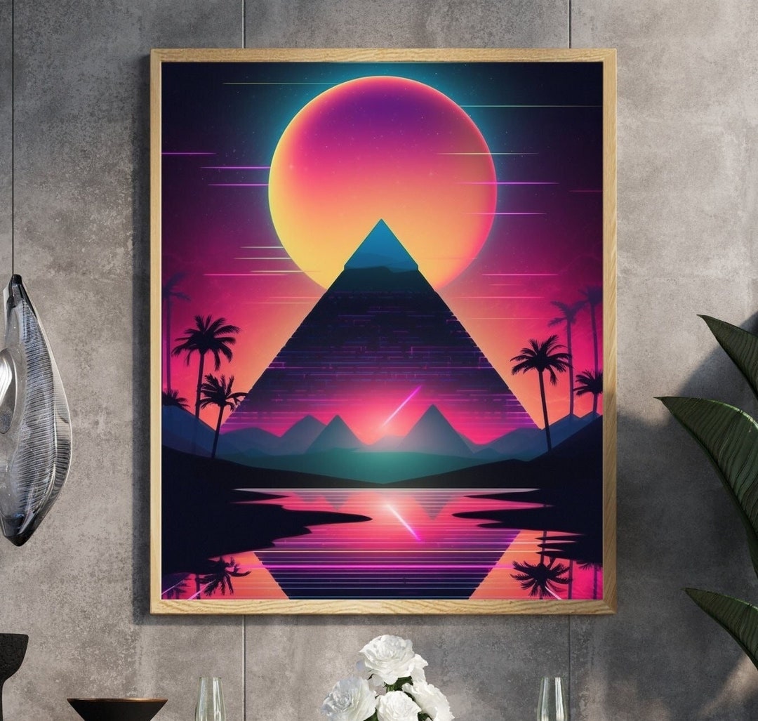 Pyramids of Giza Retro Sunset City Poster '80s Synthwave Neon Decor - Etsy