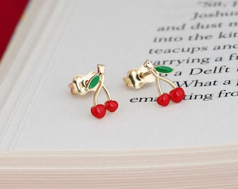 Cherries Stud Earrings, Cherries Red Gold Earrings, Tiny14 Karat Rose Gold Cherry Stud Earrings ...