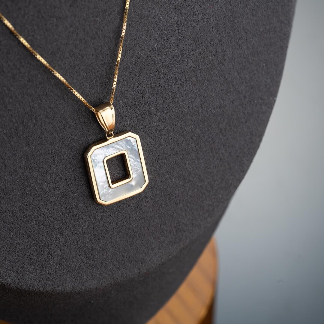 14K Gold Square Pearl Necklace 15.1x13.4mm, 14K Solid Gold Square Mother of Pearl Pendant ...