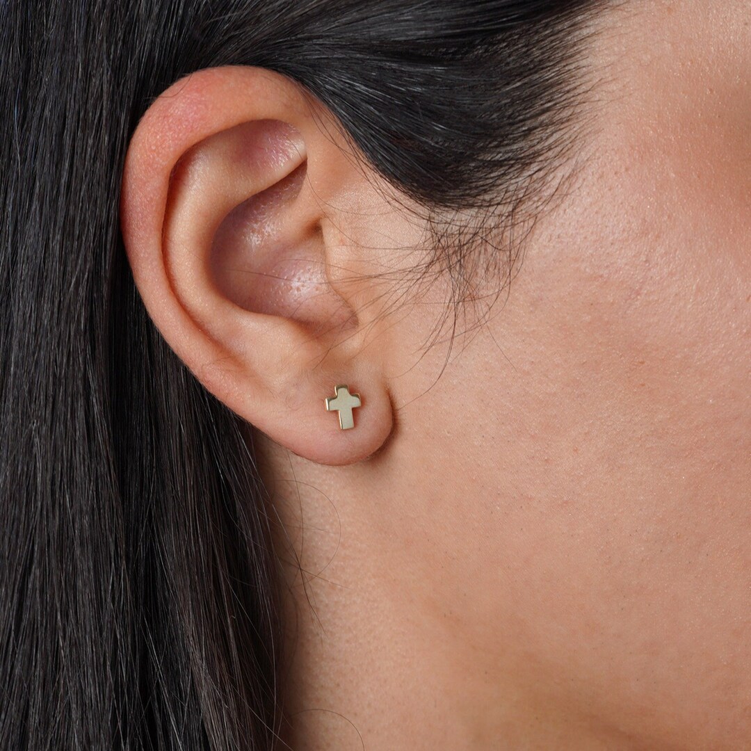 10K Gold Cross Earrings, 10K Solid Gold Stud Earrings 7x5.5mm, Gift for Her and Him - Etsy