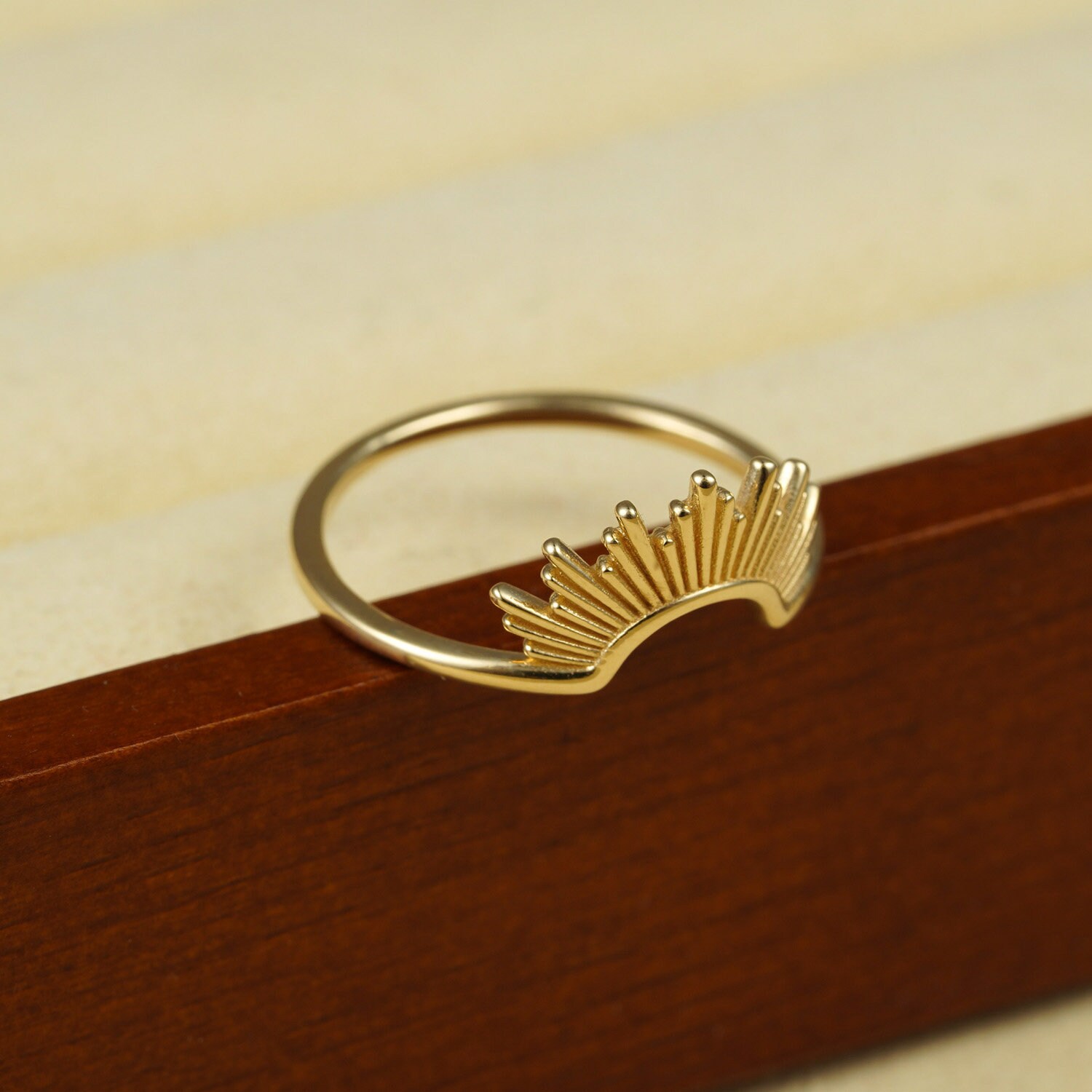 10K Gold Sunrise Ring, 10K Solid Gold Sunrise Ring, Rising Sun Ring, Sun Ring, Celestial Ring ...