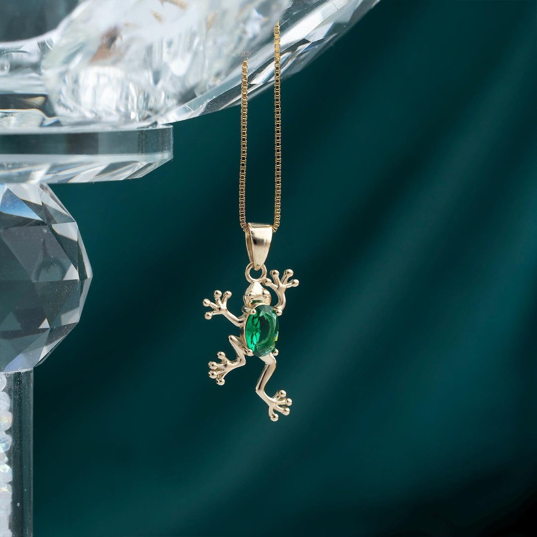 Gold Emerald Frog Necklace 14K Gold, Solid Gold Emerald Frog Pendant ...