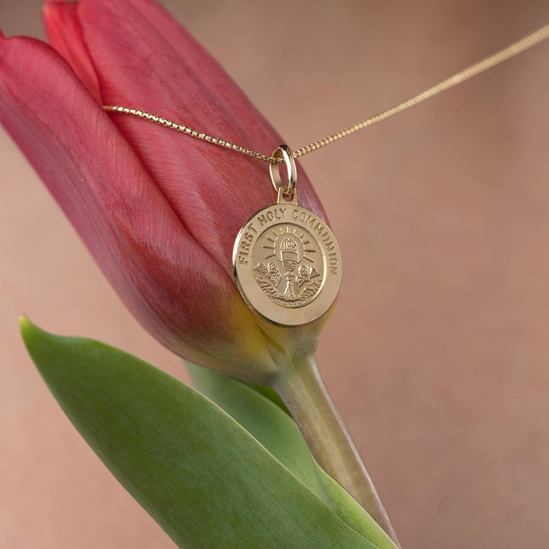 10K Gold First Holy Communion Medallion 15mm, 10K Solid Gold First Holy ...
