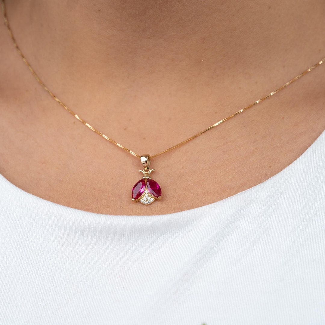 Ruby Ladybug Necklace 10K Gold, Ruby Ladybug Pendant Solid 10K Gold ...